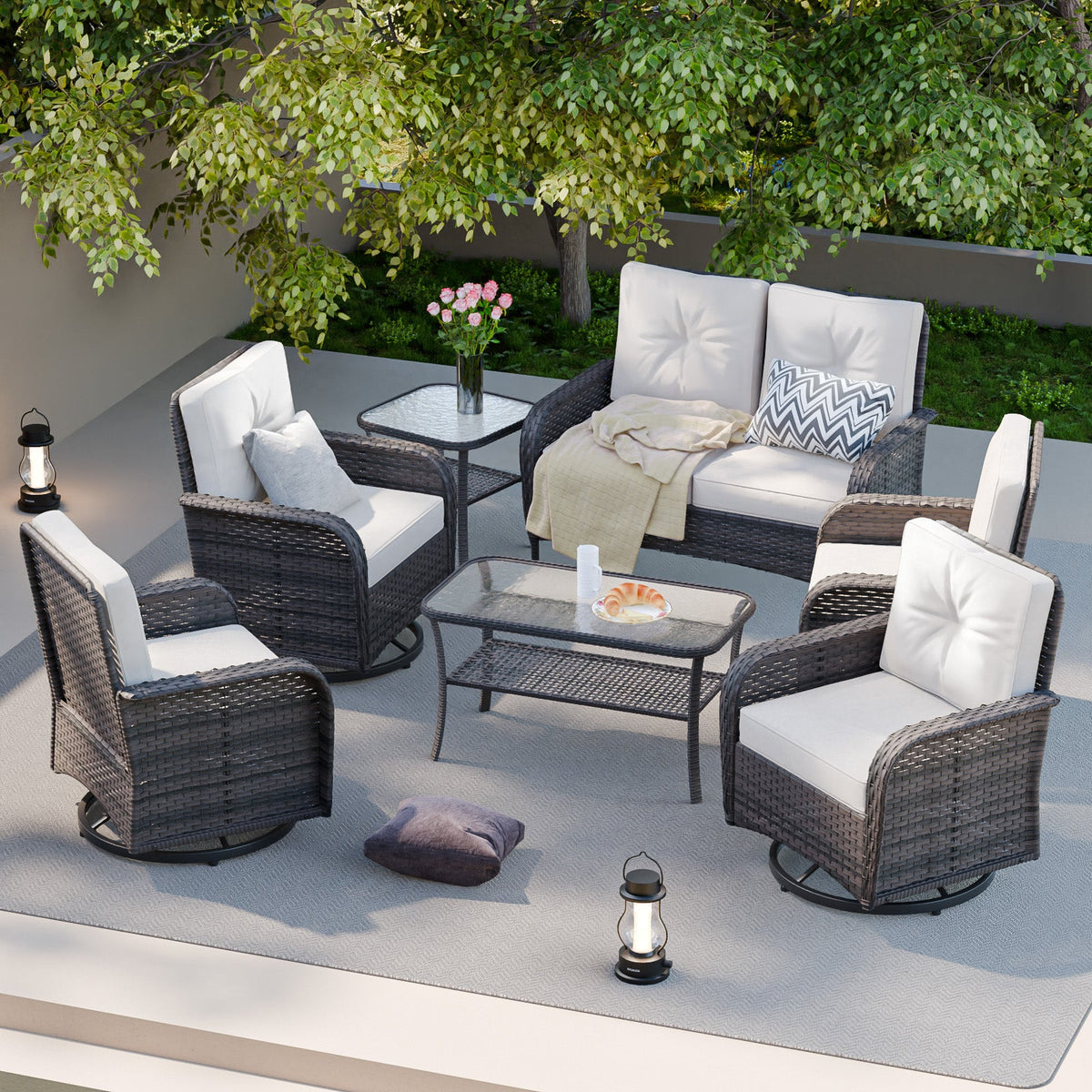 7 PCS Rustic Veranda Patio Conversation Set, Loveseat, 4 Swivel Rocker ...