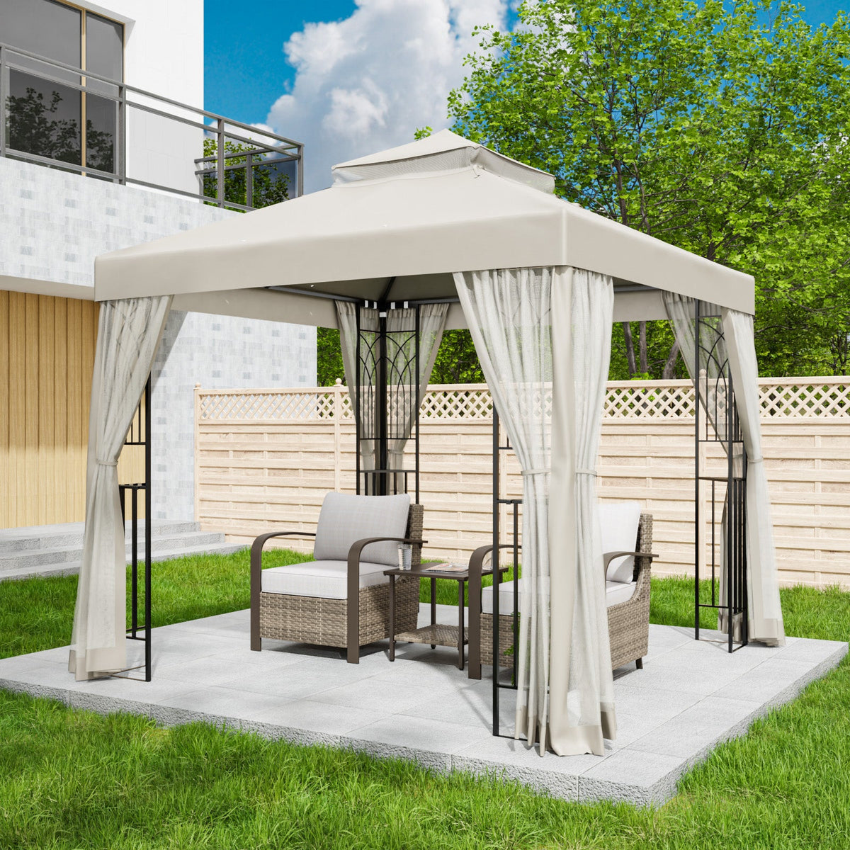8x8 Patio Double Roof Gazebo with Mesh Netting, Corner Shelves – Eagle Peak