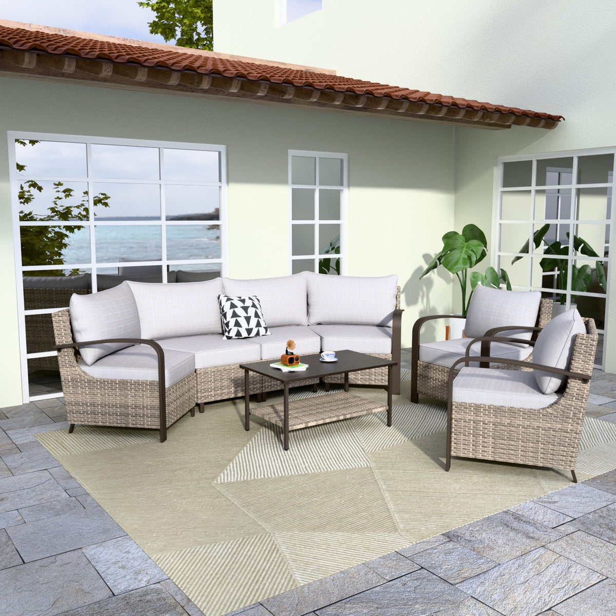 Coastal Vista Patio Furniture Set w/Curved Sectional Sofas, Coffee Tab ...