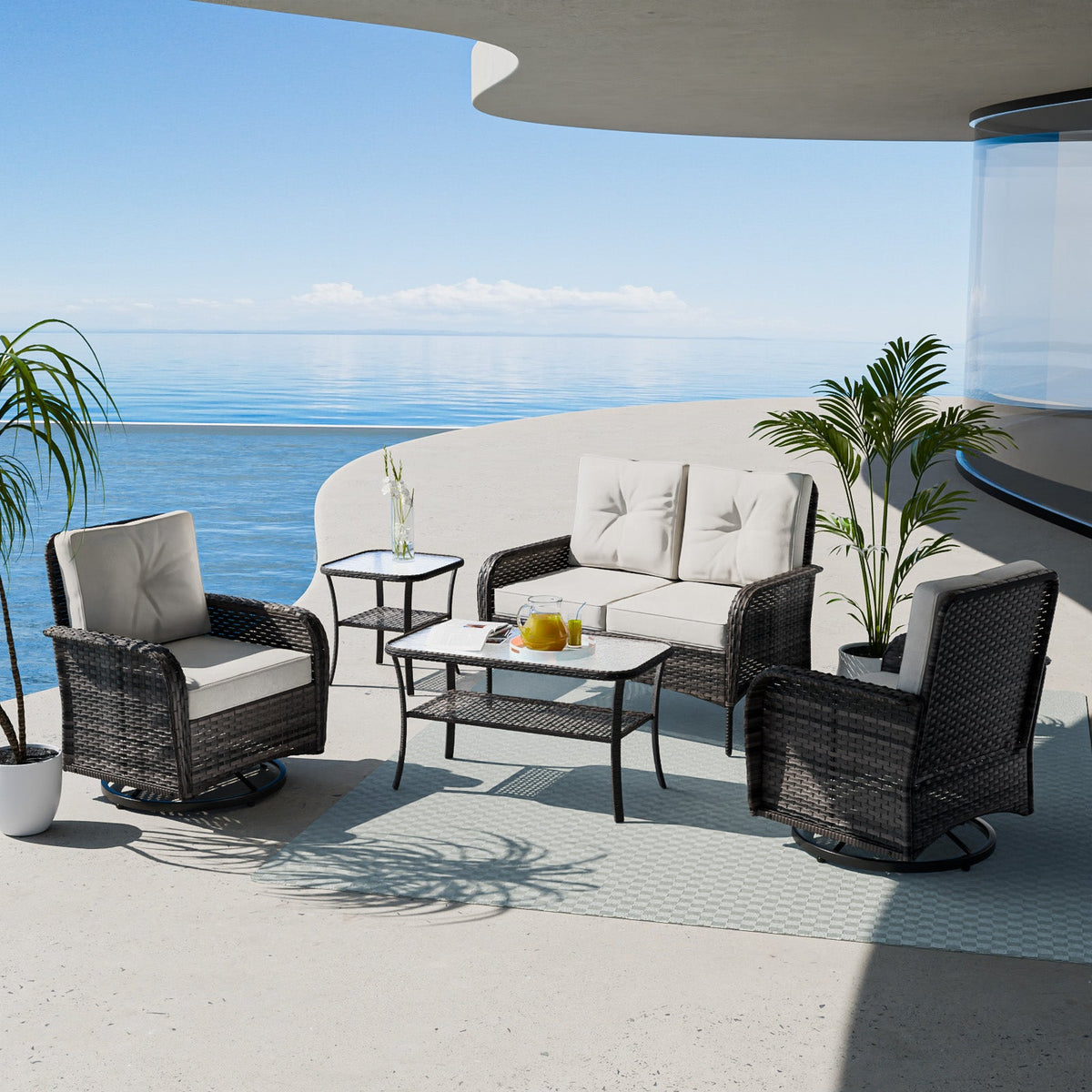 5 PCS Rustic Veranda Patio Conversation Set, Loveseat, 2 Swivel Rocker ...