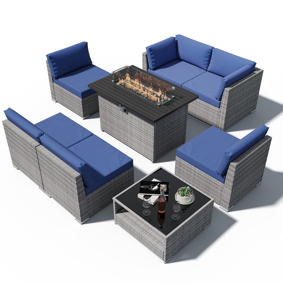 8 Piece Outdoor Wicker Patio Furniture Set with Fire Table and Coffee ...