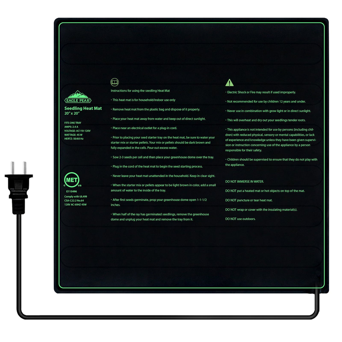 Seedling Heat Mat 20”x20”, UL & MET-Certified Heating Pad for Seed Sta ...