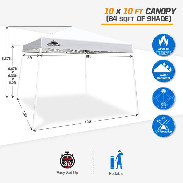 10' x 10' Slant Leg Pop Up Canopy with 64 sqft of Shade – Eagle Peak ...