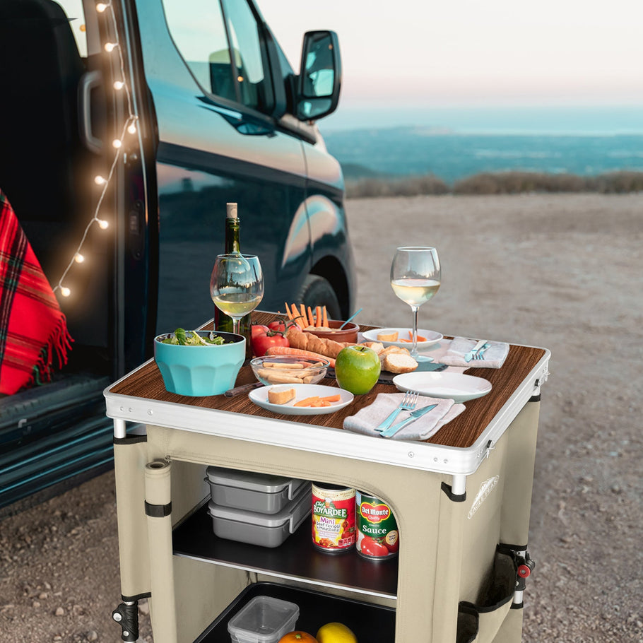 Outdoor Camping Pop Up Folding Table with Large 3-Tier Storage Organiz ...